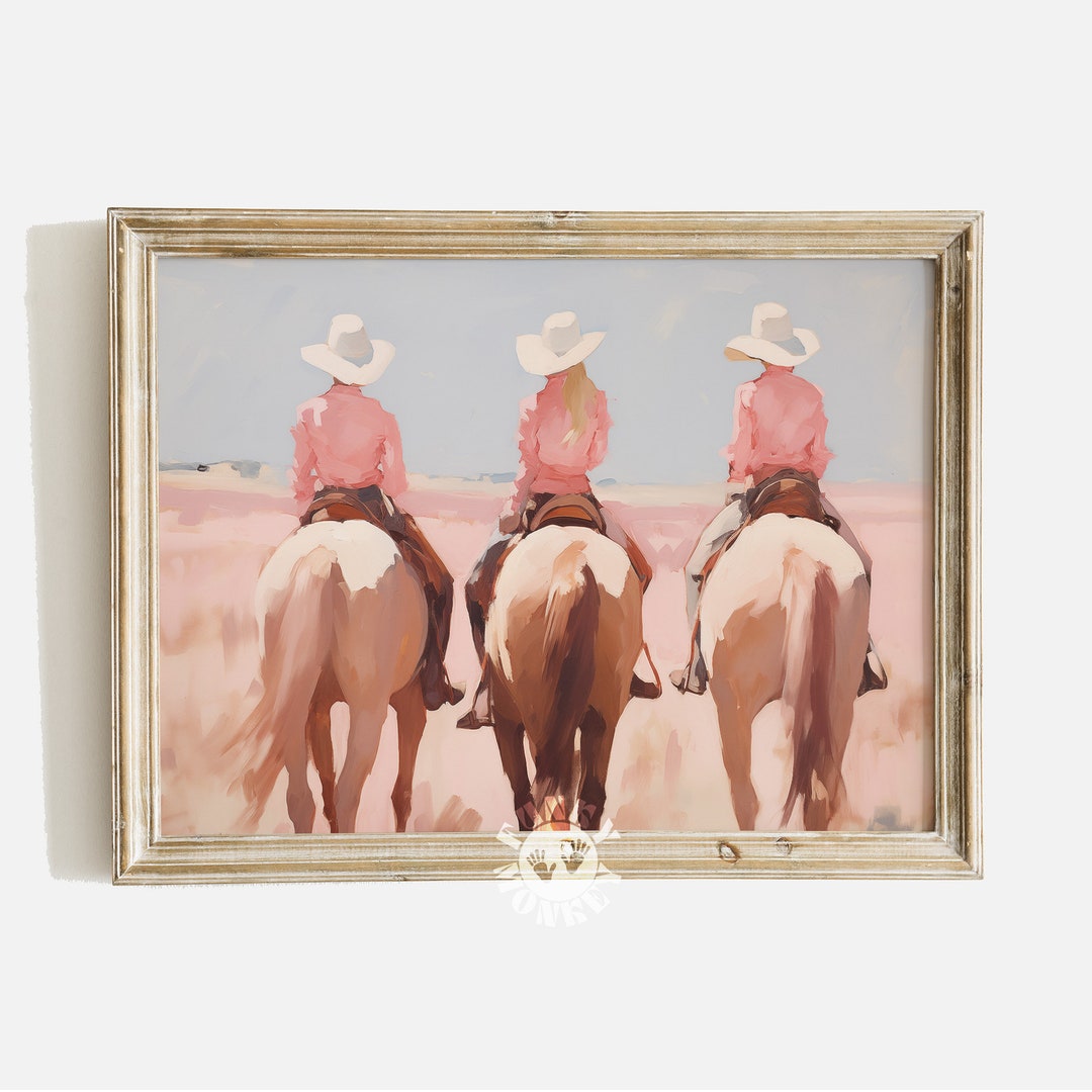 Pink Retro Western Printable Art, Cowgirls on Horses Abstract Painting ...