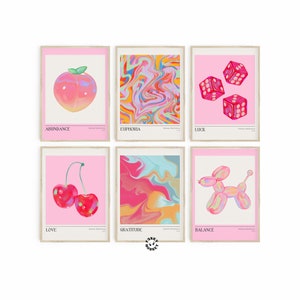 Retro Trendy Wall Art Print Set of 6, Pink Preppy Poster Set, Girly ...