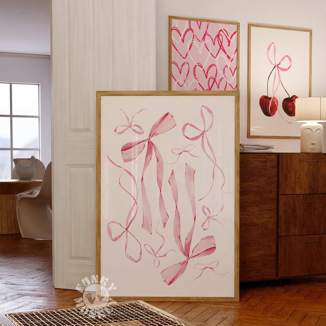 Pink Bows Art Print, Coquette Room Decor, Pink Nursery Girly Wall Art ...