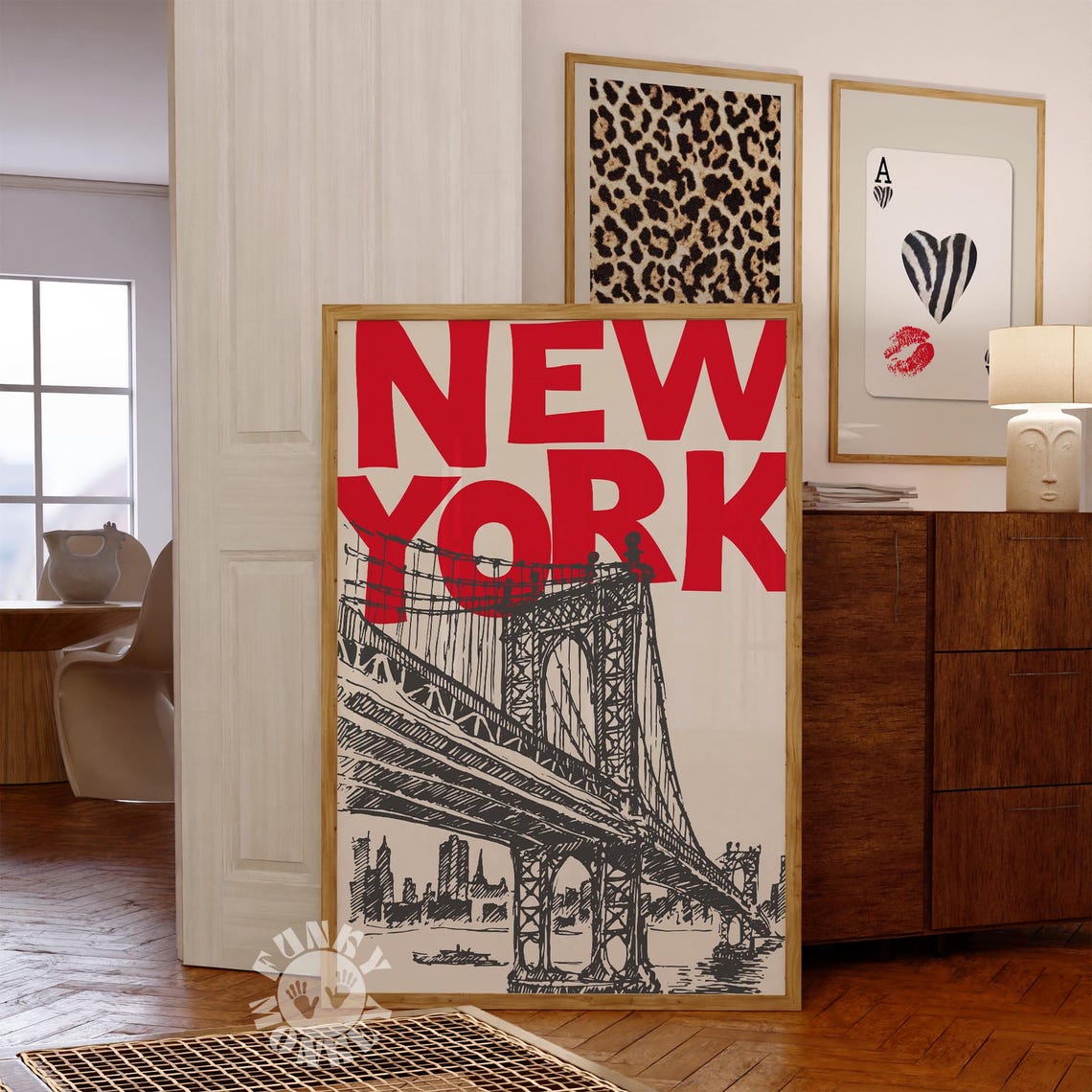 New York Wall Art, Retro NYC Poster, Trendy Red Brooklyn Bridge Print ...