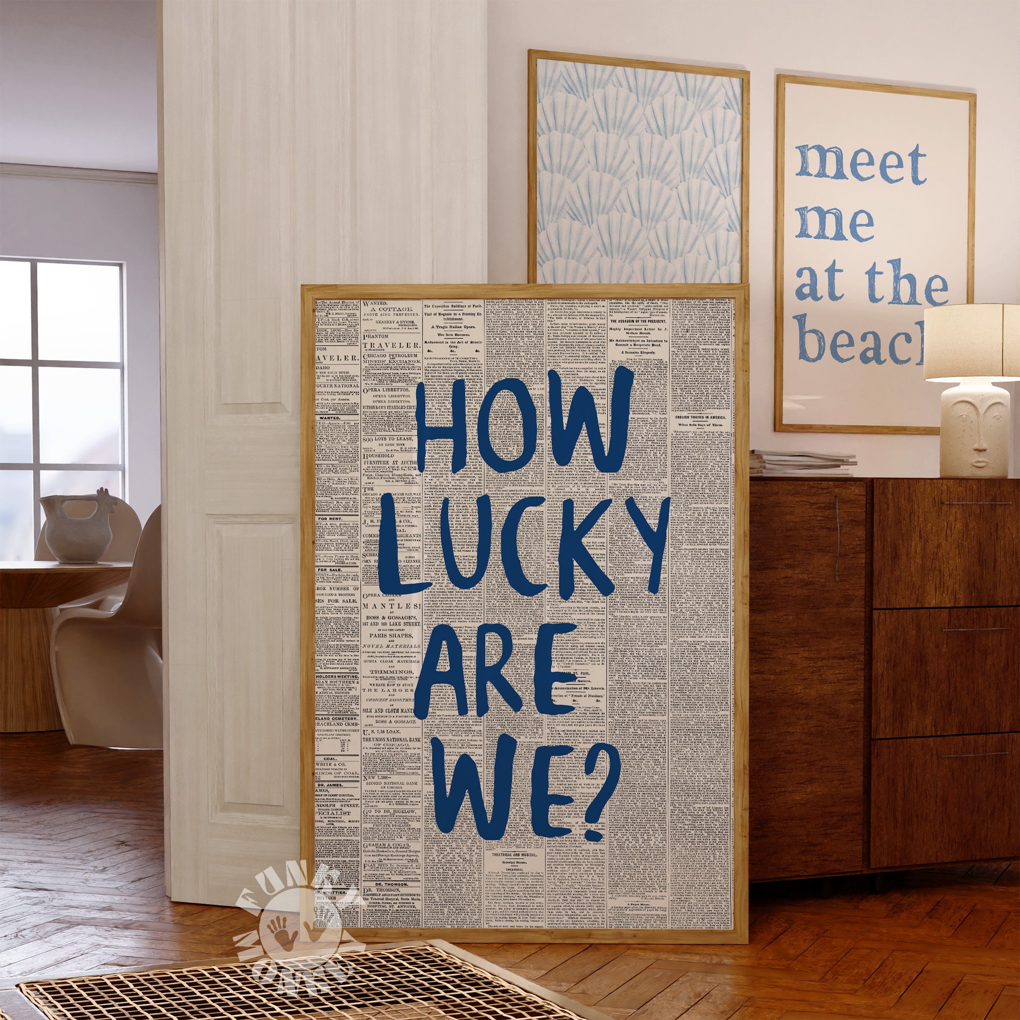 How Lucky Art We Wall Art Print, Navy Blue Retro Newspaper Poster ...