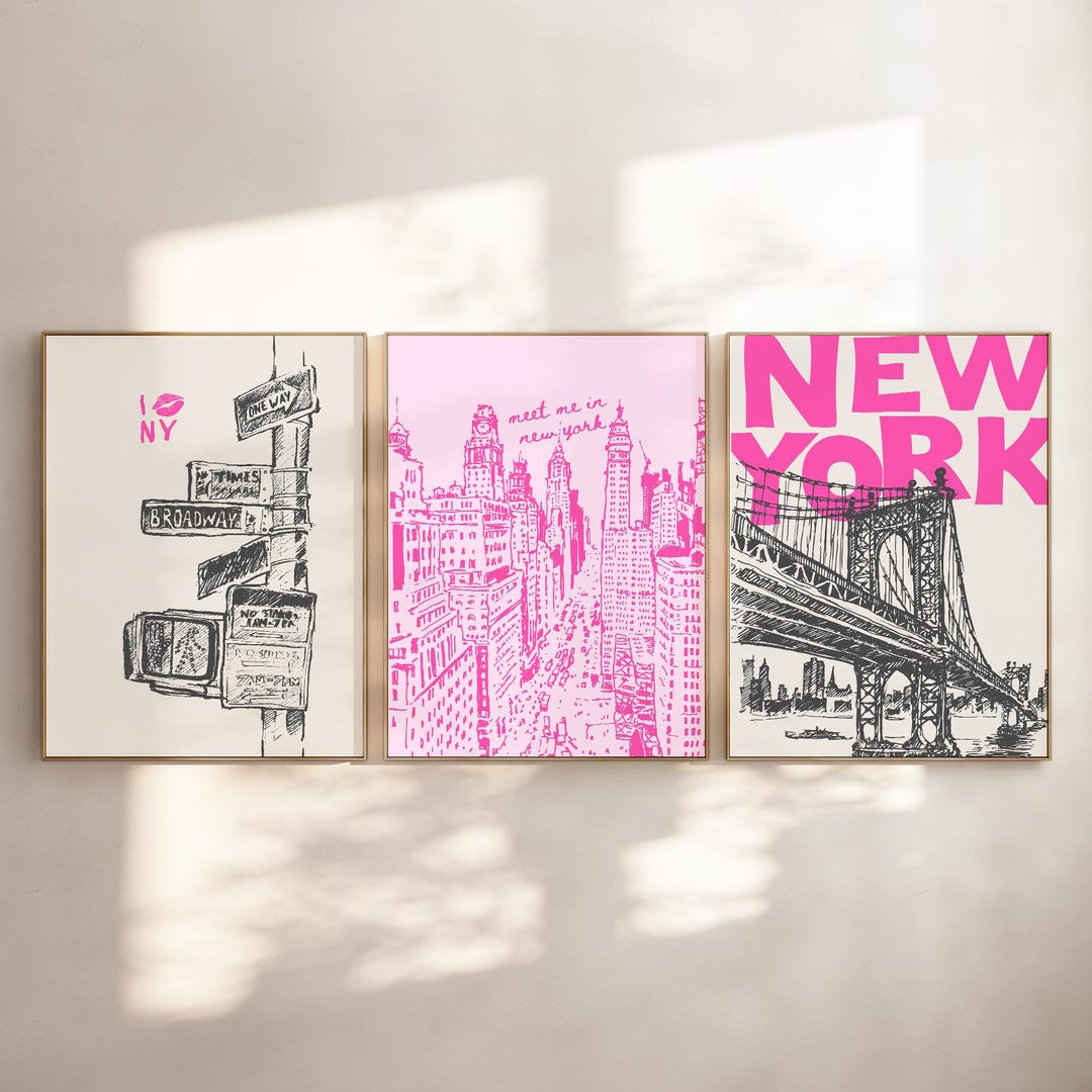 New York City Print Set, Trendy Pink Travel Set of 3, Retro NYC Posters ...