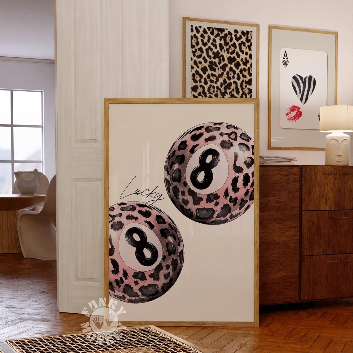 Lucky 8 Ball Print, Pink Leopard Retro Eight Ball Billiard Poster ...