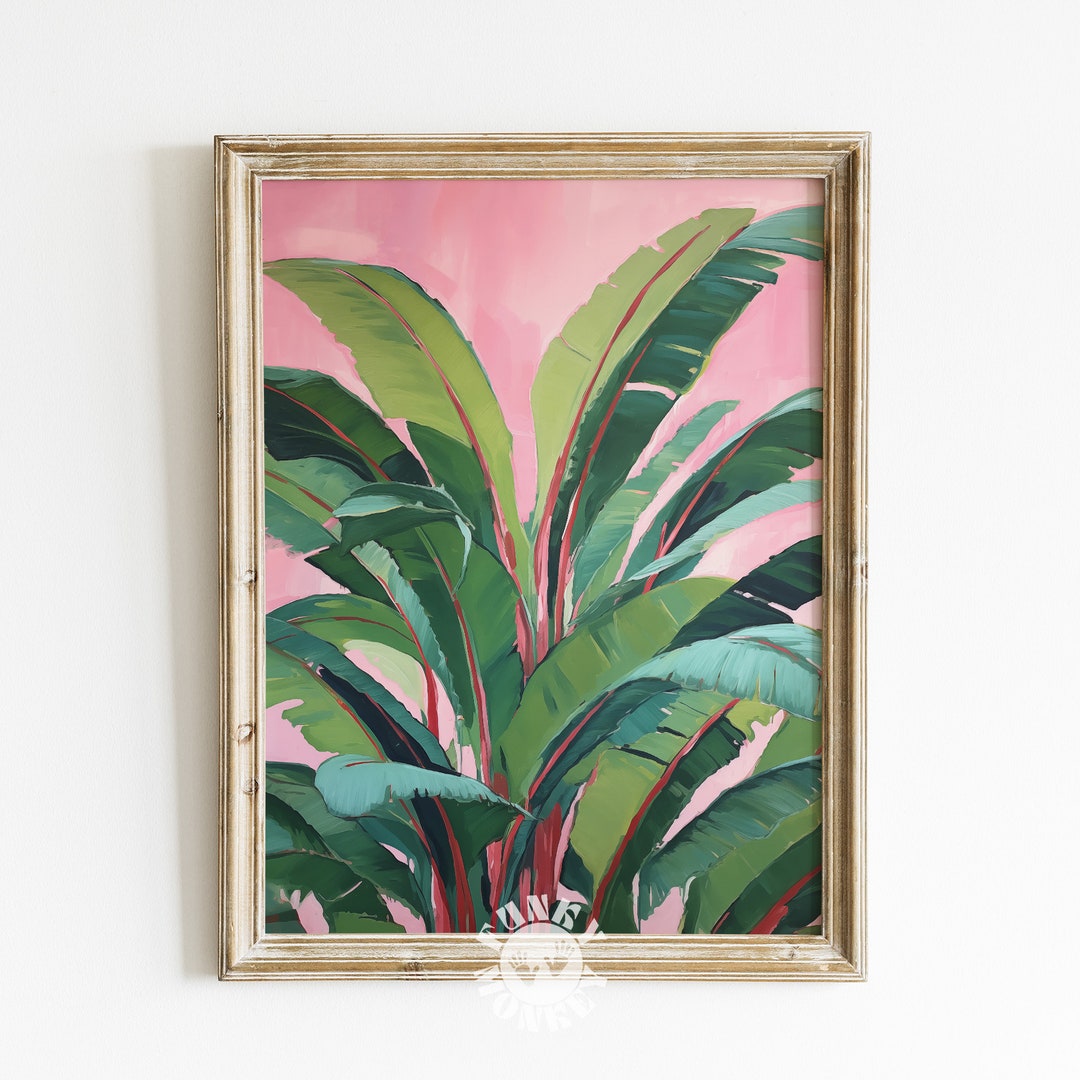 Tropical Leaves Print, Pink Summer Botanical Painting, Trendy Preppy ...