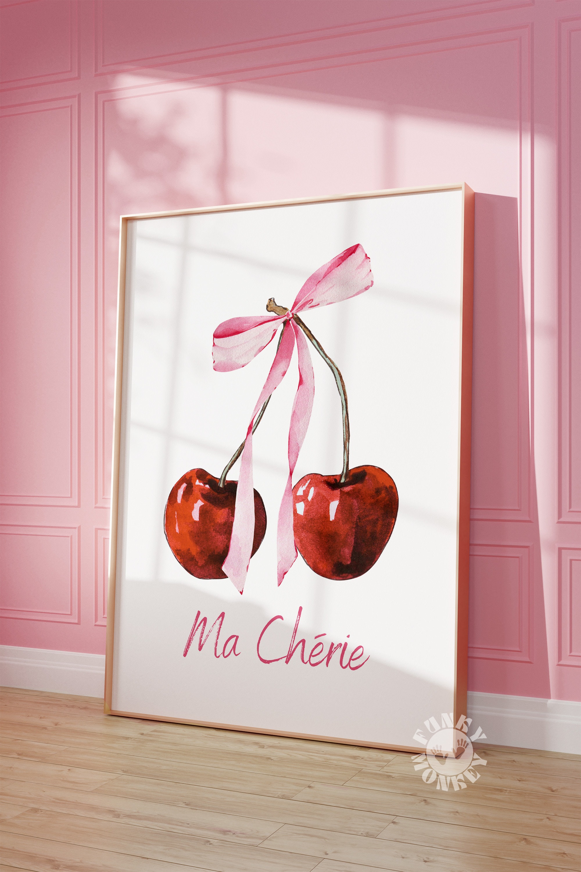 Cherry Digital Print, Ma Cherie Pink Bow Printable Feminine Poster, Coquette Room Decor, Soft ...