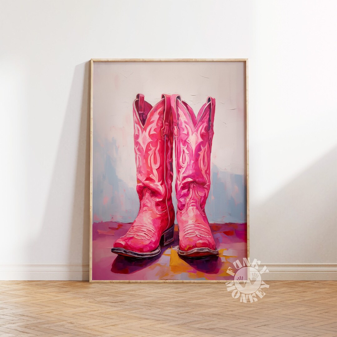 Pink Preppy Cowgirl Boots Digital Print, Funky Western Painting ...