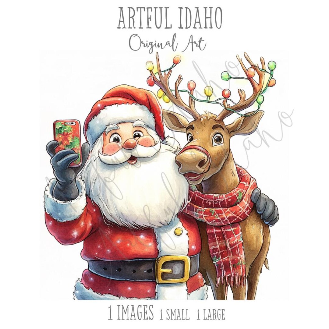 Santa Reindeer Clip Art | Santa Selfie Png | Retro Christmas Santa ...