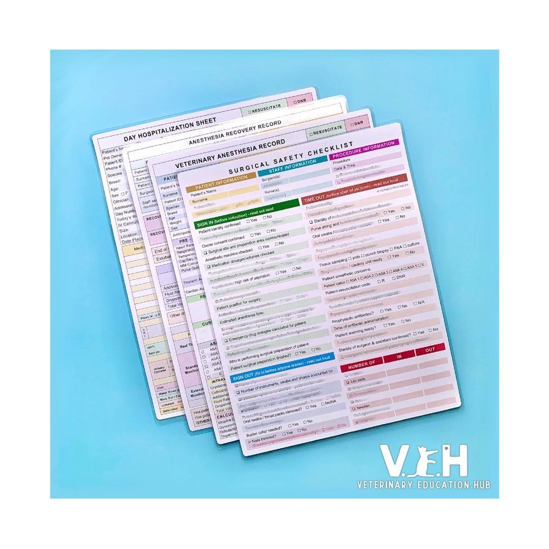 Reusable Veterinary Anesthesia Recording Sheet, Veterinary Anaesthesia ...