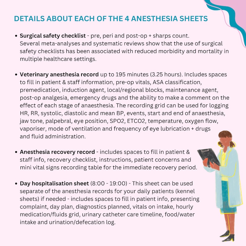 Reusable Veterinary Anesthesia Recording Sheet, Veterinary Anaesthesia ...