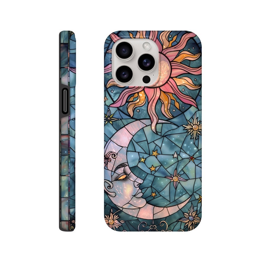 Celestial Moon and Sun Phone Case, Faux Stained Glass Tough Phone Cover ...