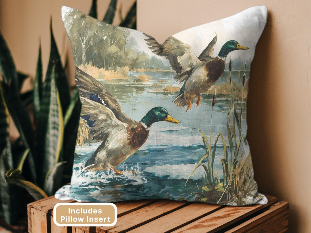 Retro Mallard Duck Pillow With Insert, Rustic Cabin Decor Throw Cushion ...