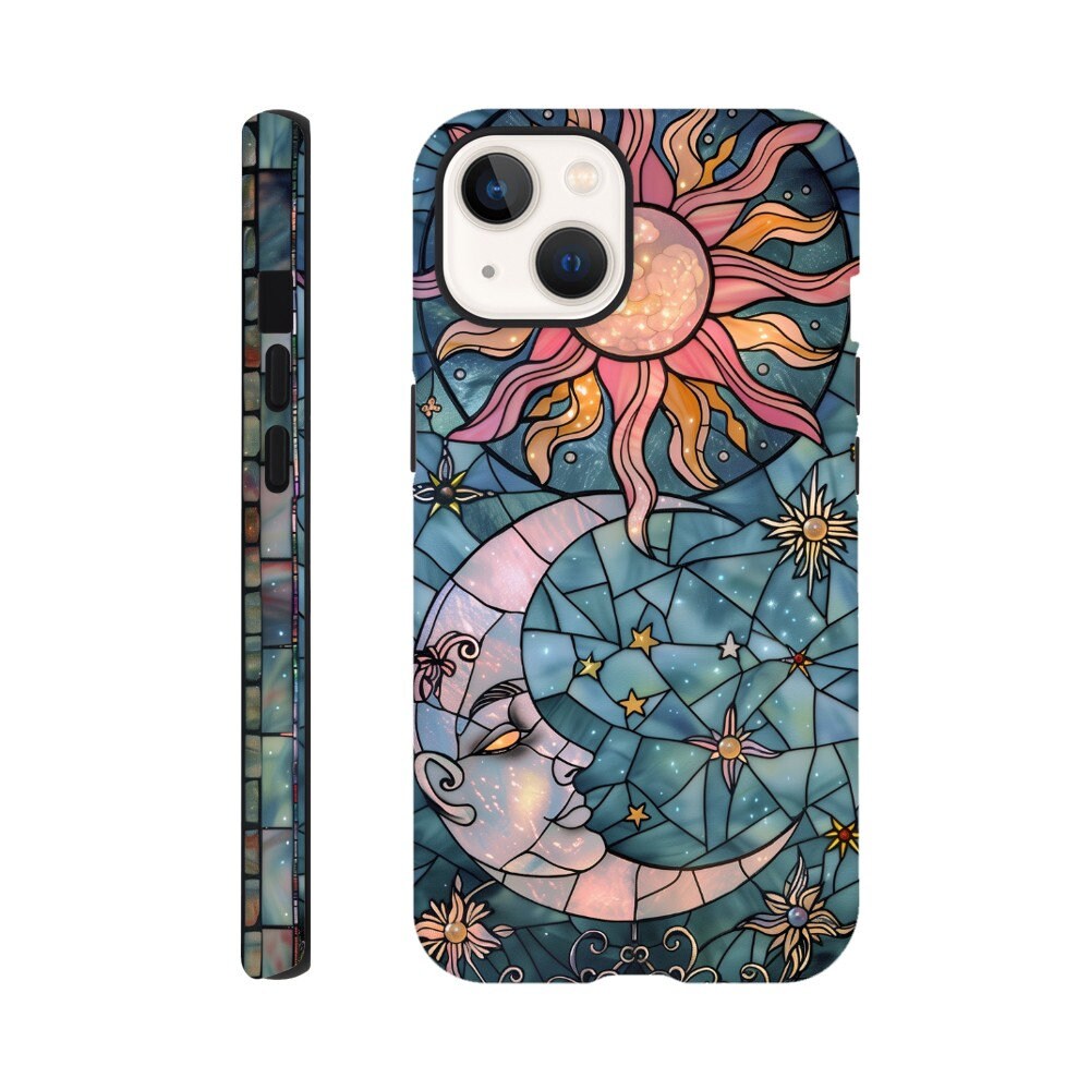 Celestial Moon and Sun Phone Case, Faux Stained Glass Tough Phone Cover ...
