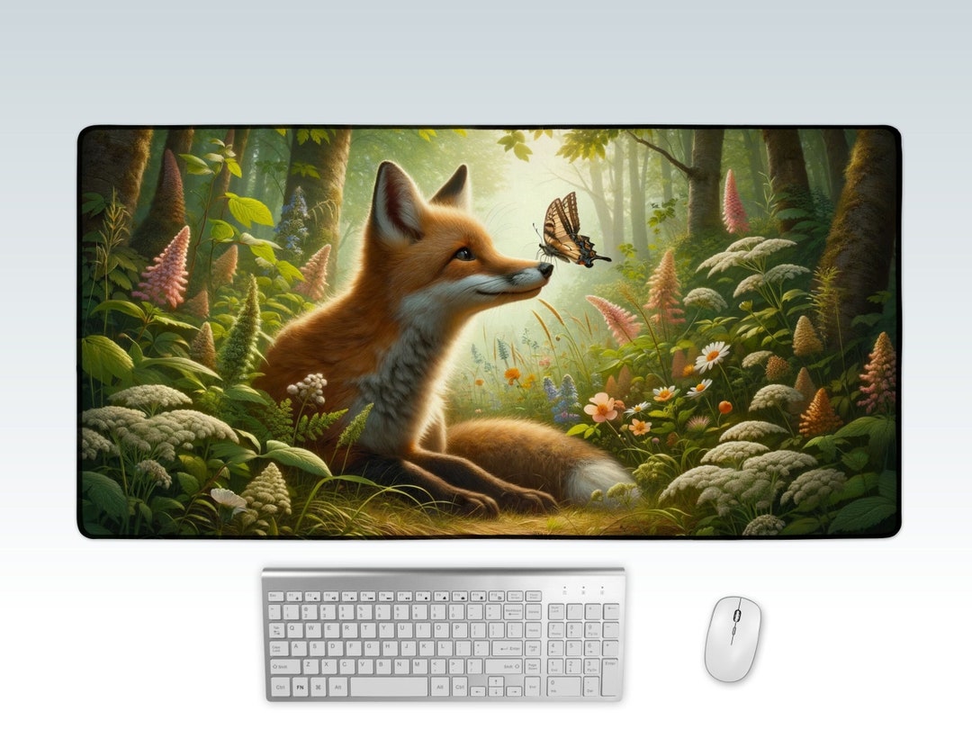 Cottagecore Fox and Butterfly Desk Mat, Floral Deskmat, Wildflowers ...