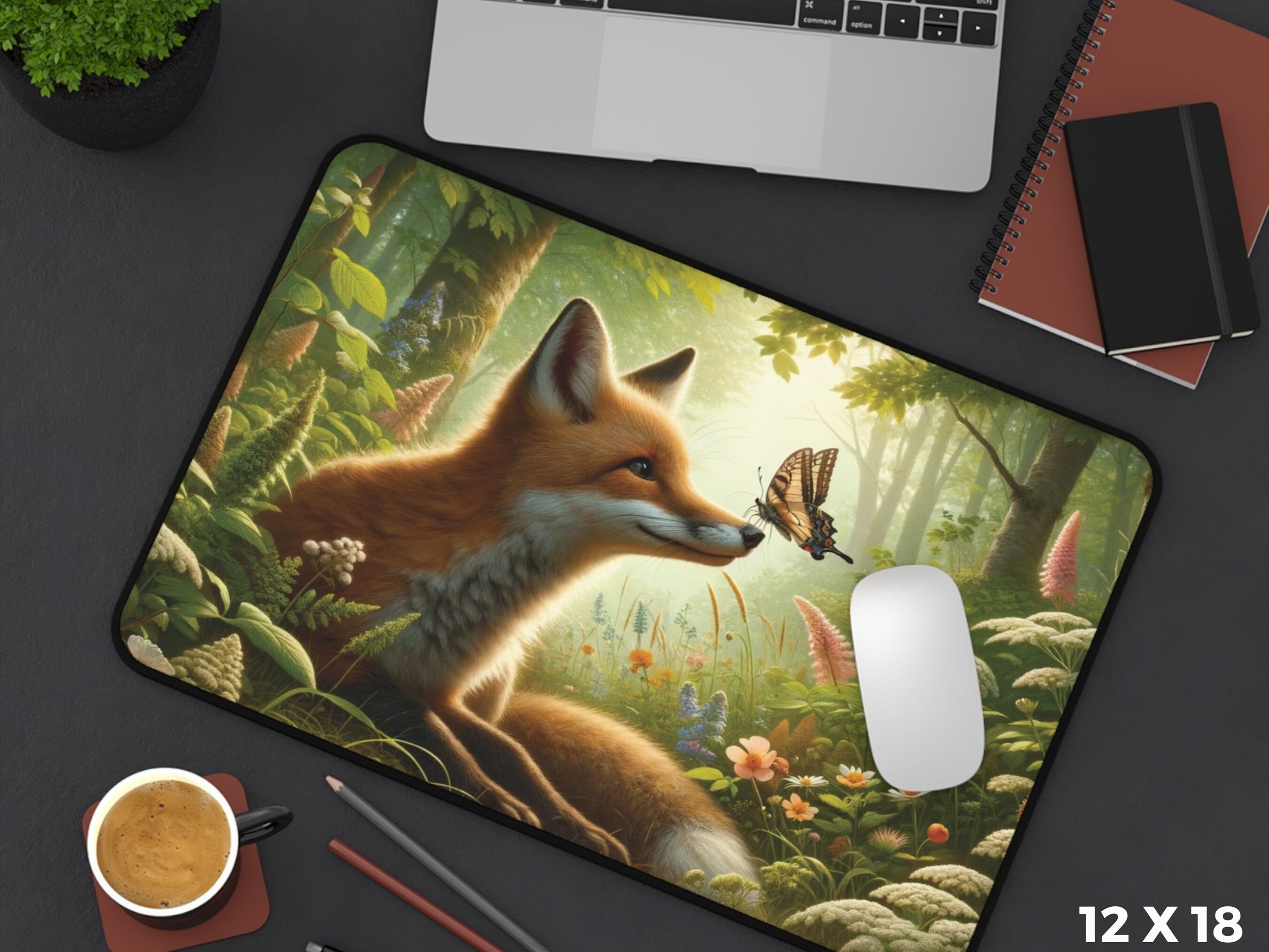 Cottagecore Fox and Butterfly Desk Mat, Floral Deskmat, Wildflowers ...