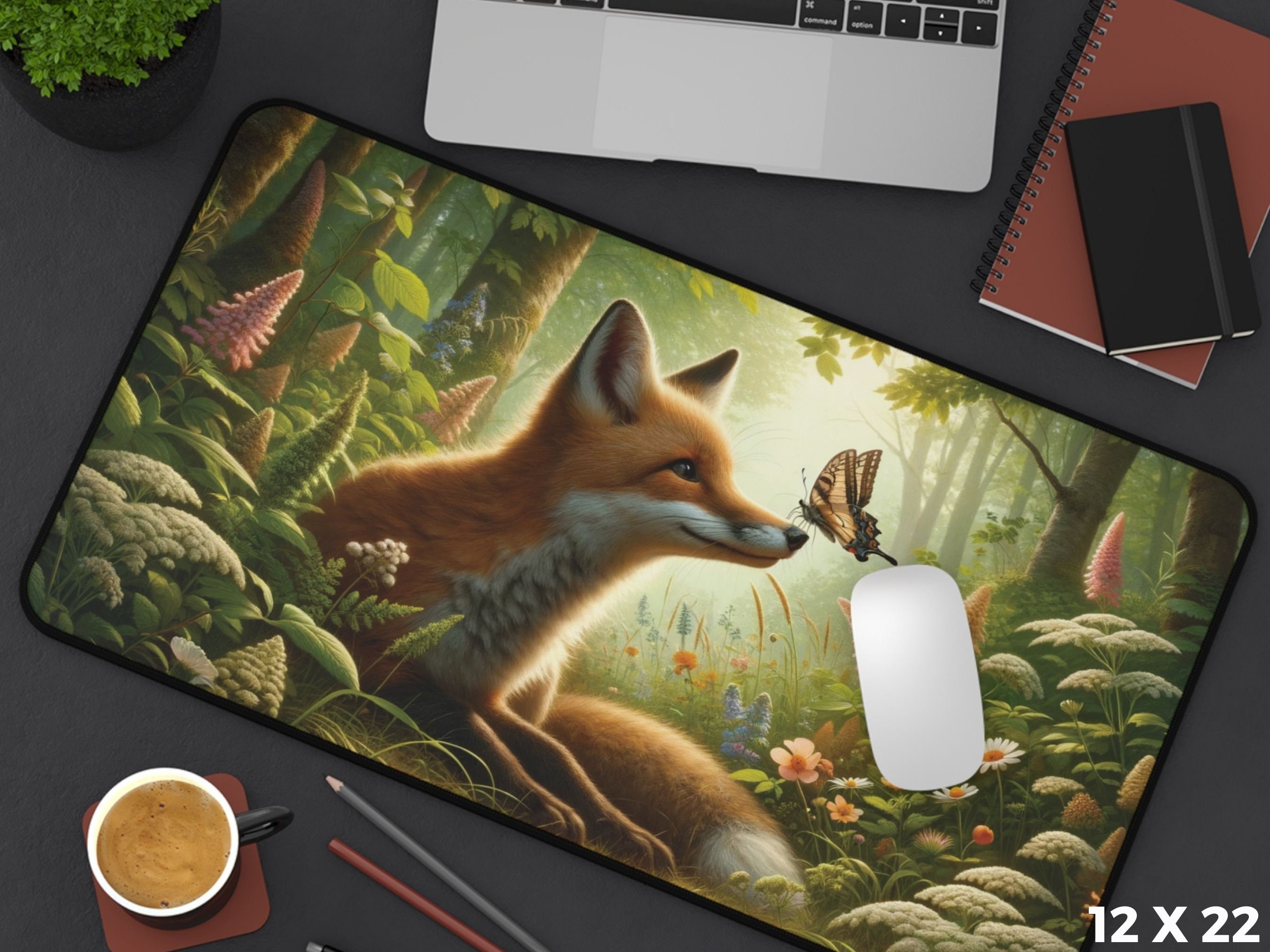 Cottagecore Fox and Butterfly Desk Mat, Floral Deskmat, Wildflowers ...