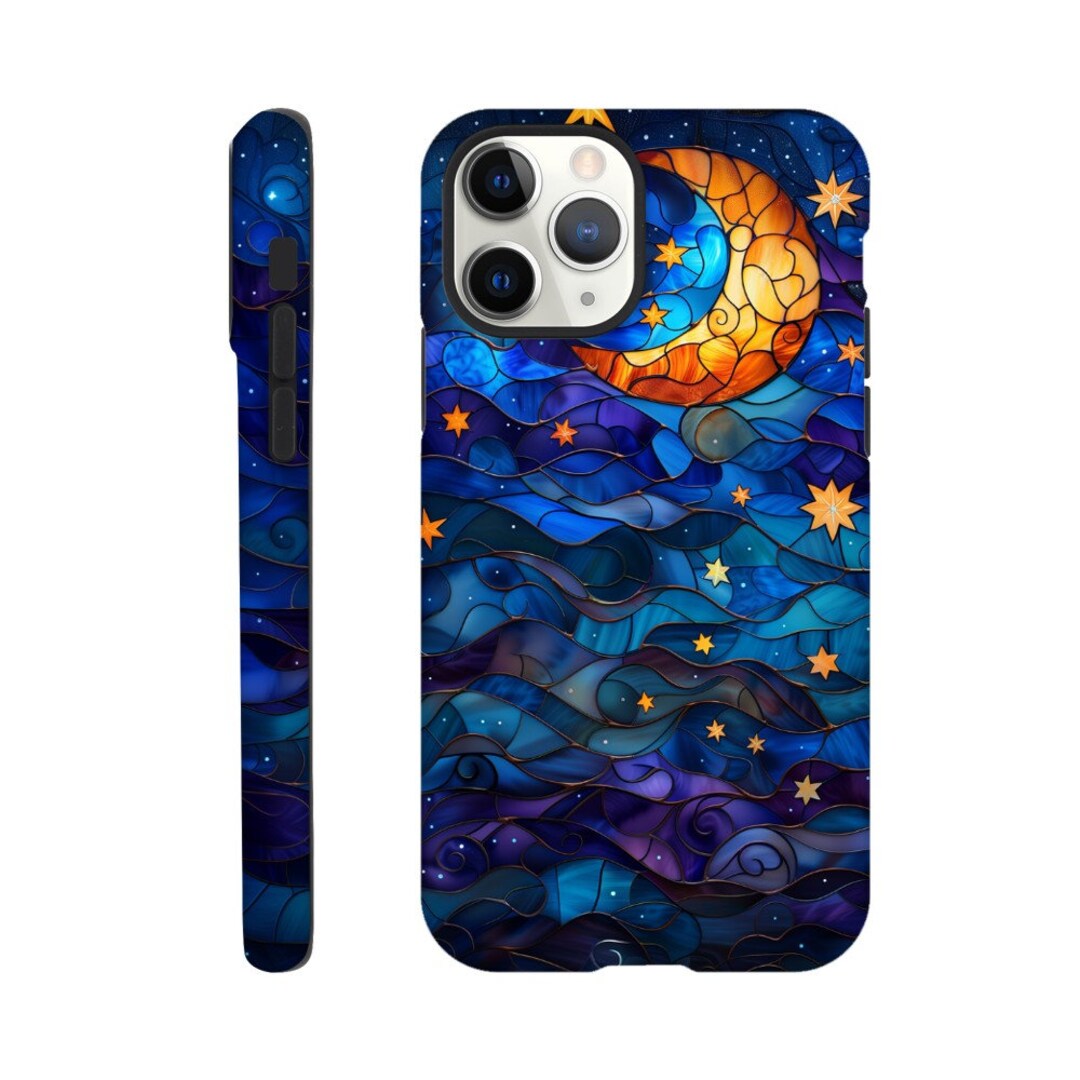 Moon and Stars Phone Case, Faux Stained Glass Celestial Night Sky Tough ...