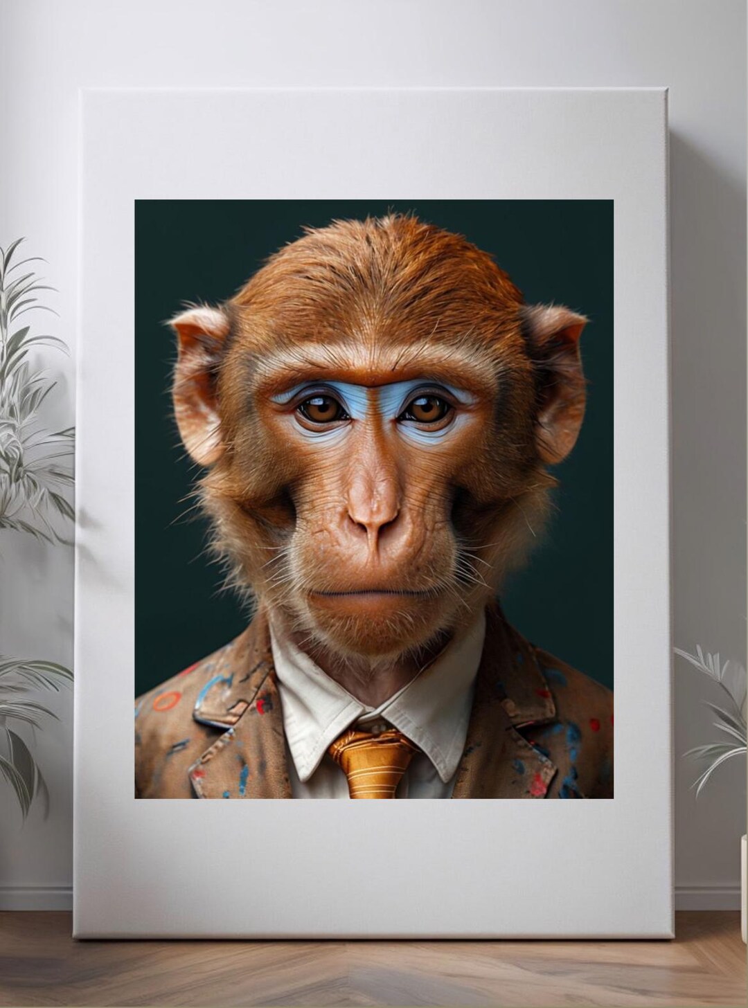 Silk Poster, Monkey Portrait in High Fashion Suit on Royal Green ...