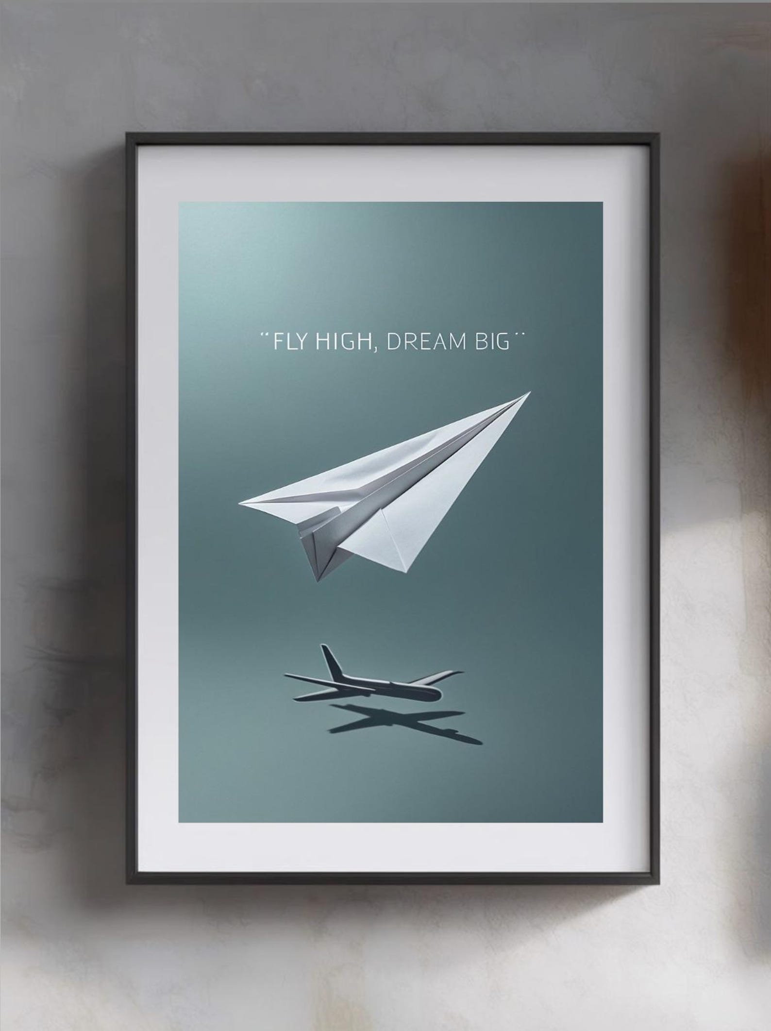 Wall Art, Teal Grey Paper Airplane Poster, Fly High Dream Big, Travel ...