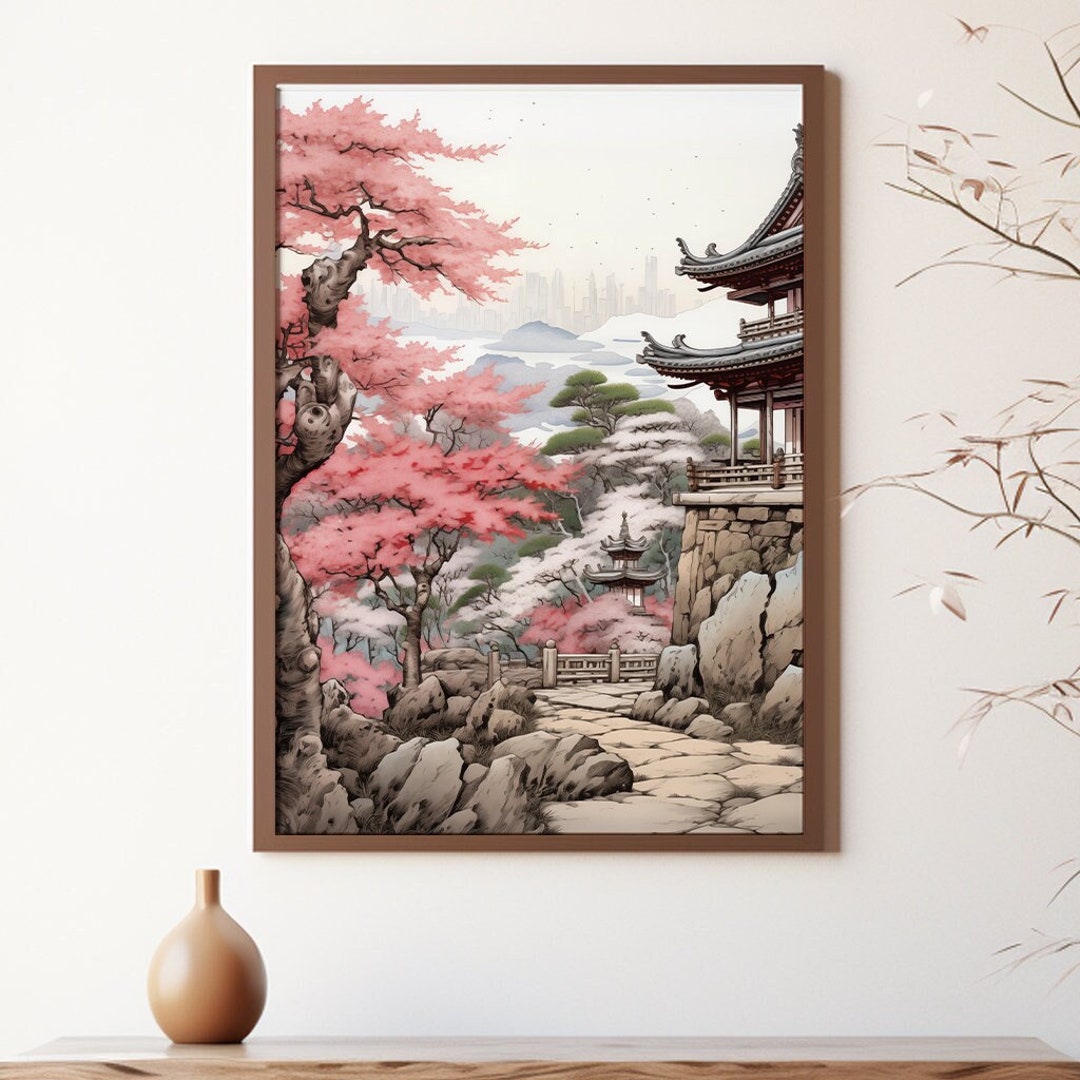 Vintage Japanische Landschaft Sakura Tempel Druckbare Gemälde Für ...