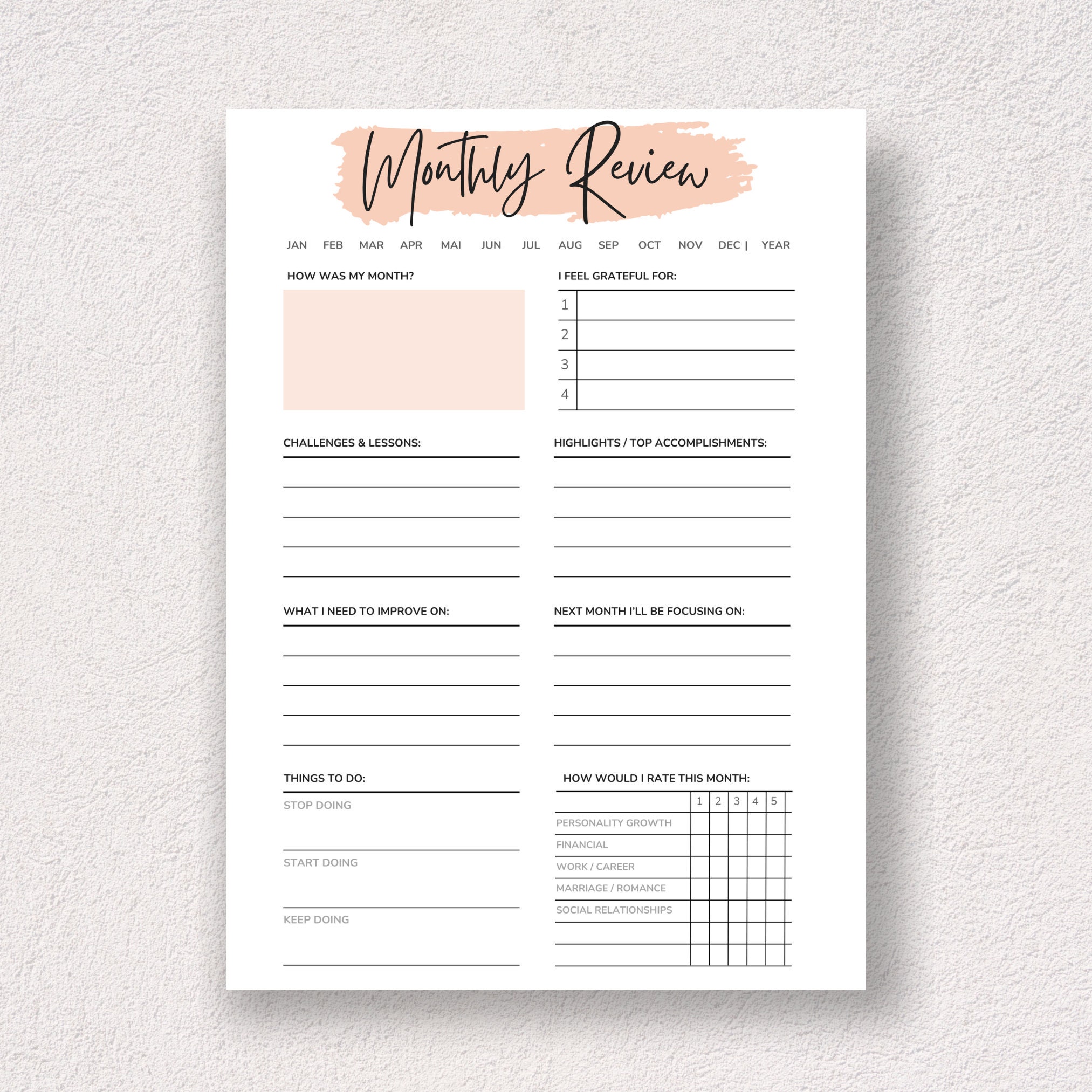Monthly Review Pdf Printable Daily Reflection Weekly Etsy