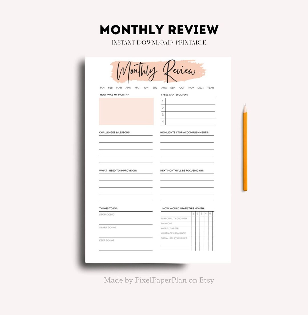 Monthly Review Pdf Printable Daily Reflection Weekly Etsy