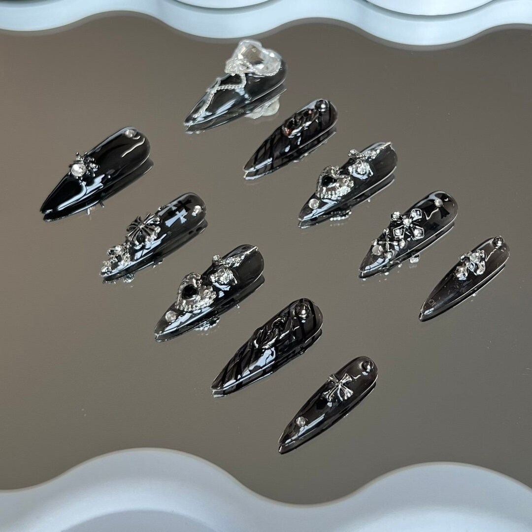 Chrome Heart Chain Metalic Goth Black Stiletto Reusable Handmade Gel ...