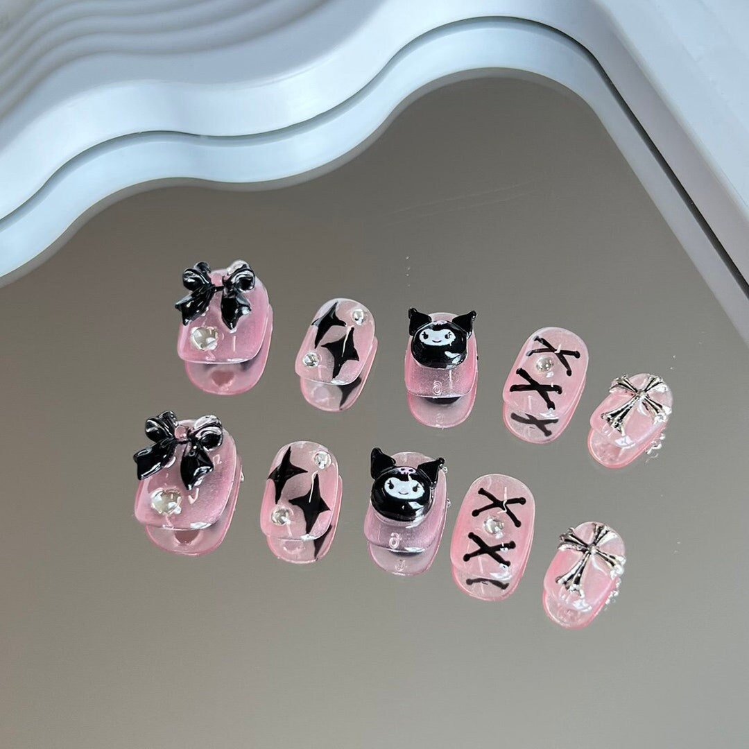 Kuromi Sanrio Inspired Bow Ribbon Cross Black Pink Cute Short Squoval ...