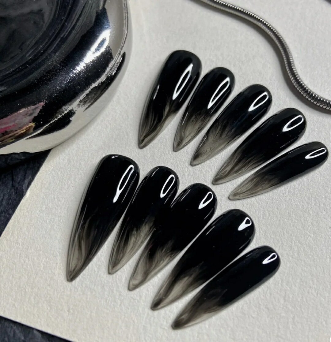 Timeless Marble Ink Black and White Dark Smoke Stiletto Nails Reusable ...