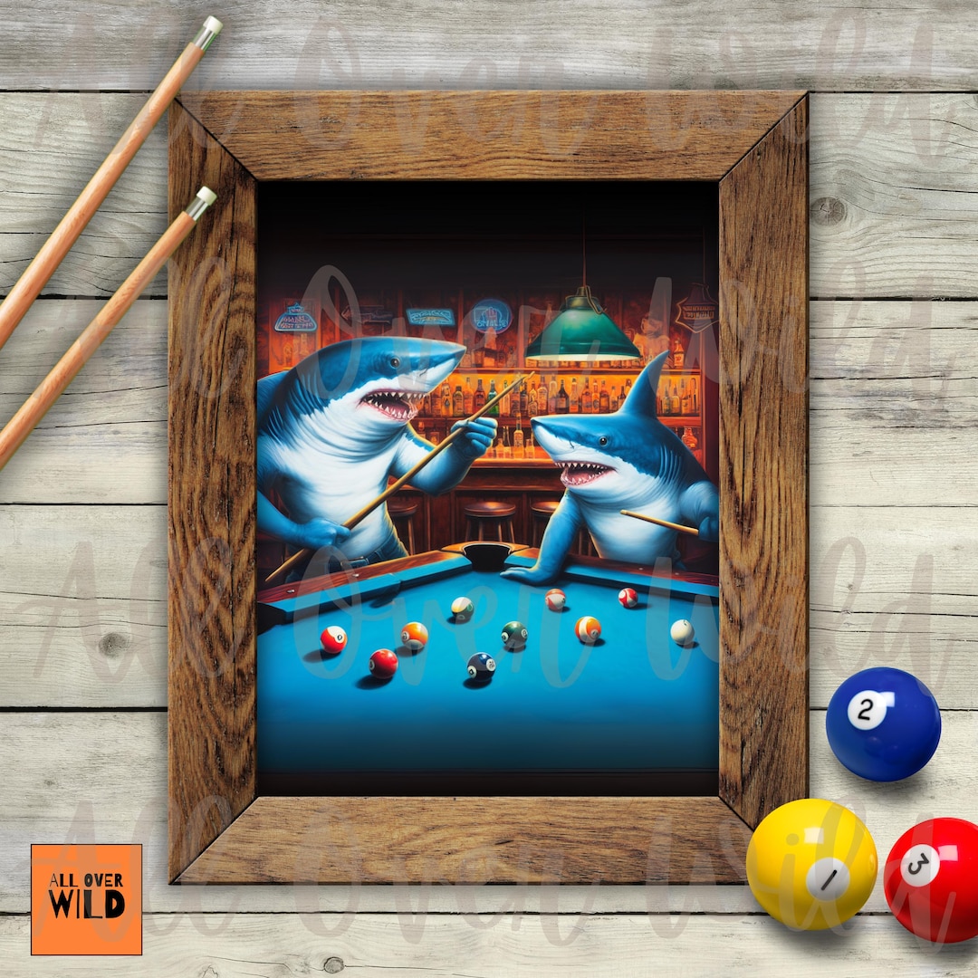 Pool Sharks Art Print, Funny Billiard Pun Poster, Animals Playing Pool ...