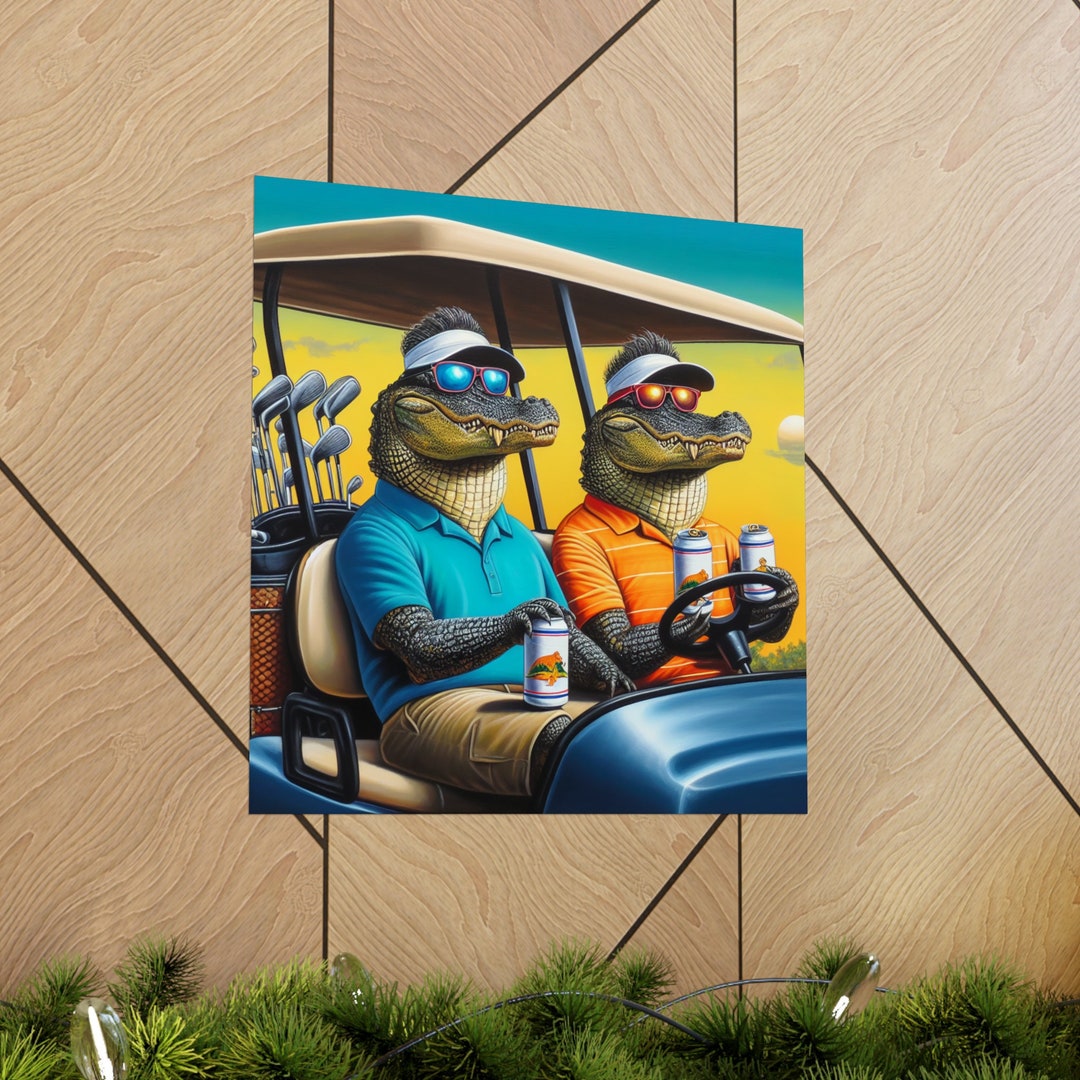 Golfing Gators Poster, Square Eco-friendly Art, Golf Humor Artwork ...