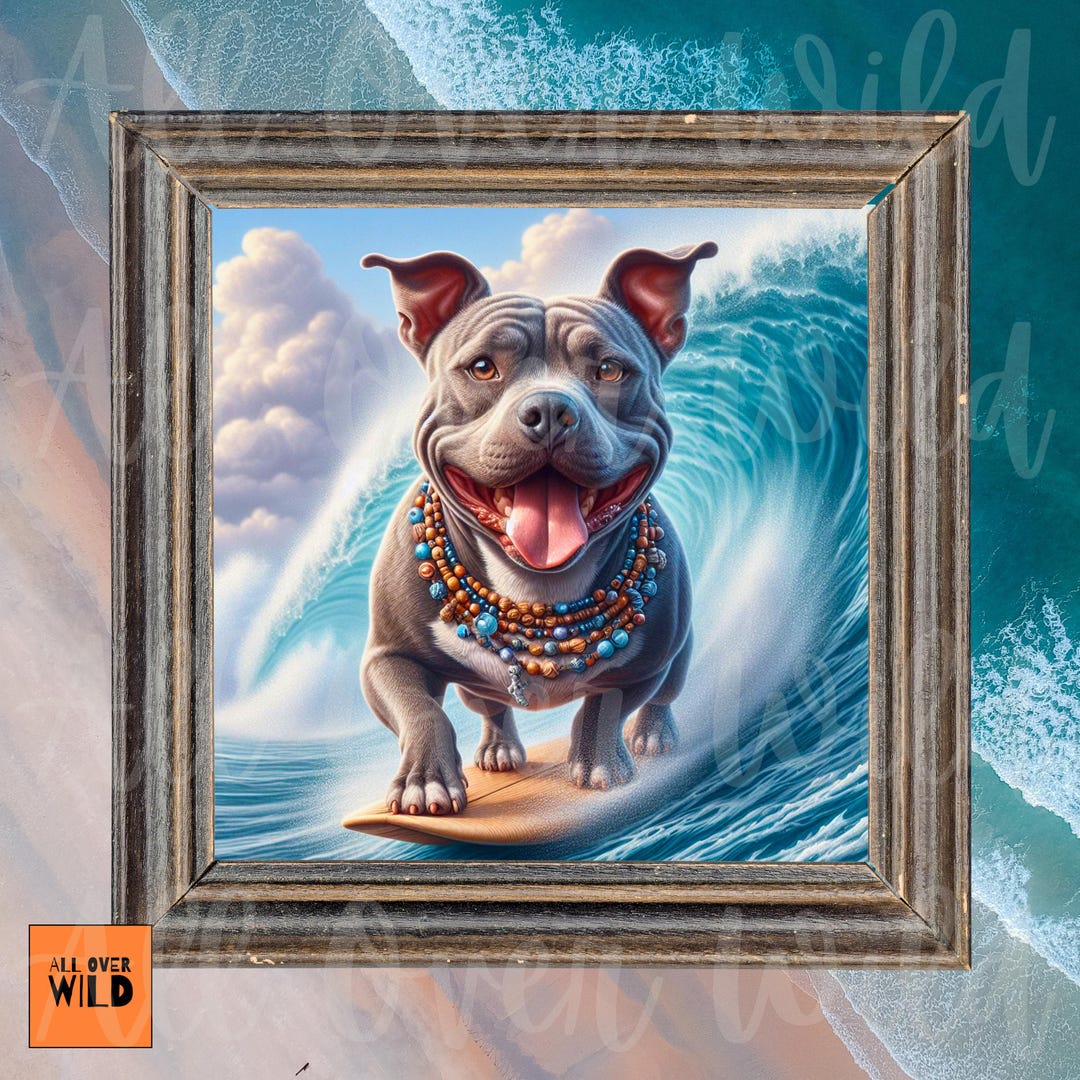 Surfing Pit Bull Wall Art, Pittie Beach House Decor, Pibble Dog Poster ...