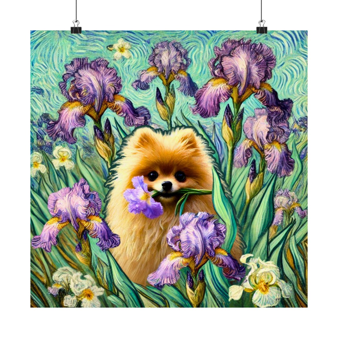 Pommy Irises Poster, Pomeranian Lover Gift, Van Gogh Humor Art, Funny ...