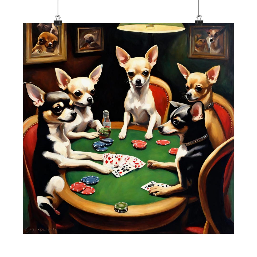 Poker Chihuahuas Poster, Dogs Playing Cards Art, Funny Game Room Decor ...