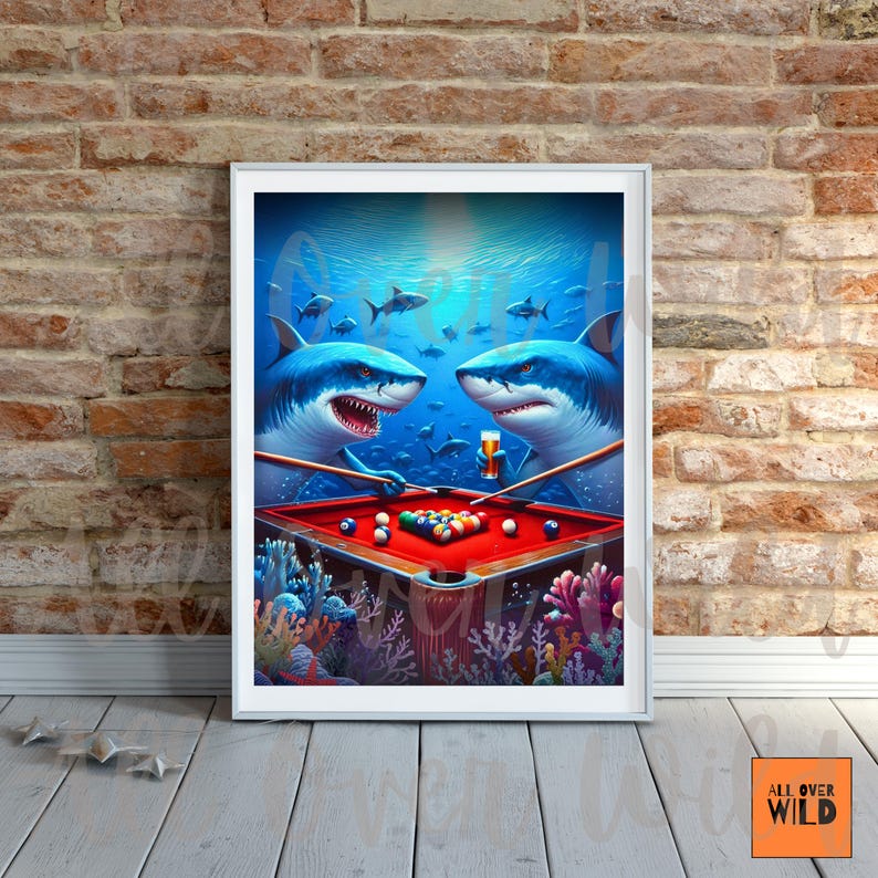 Pool Sharks Art Print, Fish Billiard Game Wall Decor, Pool Player Gift ...