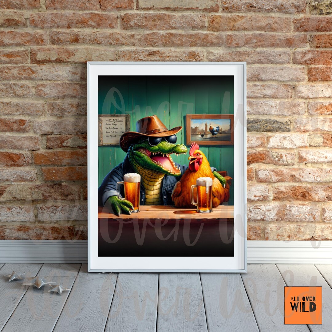Funny Alligator Bar Art Print, Quirky Gator & Chicken Poster, Bayou ...