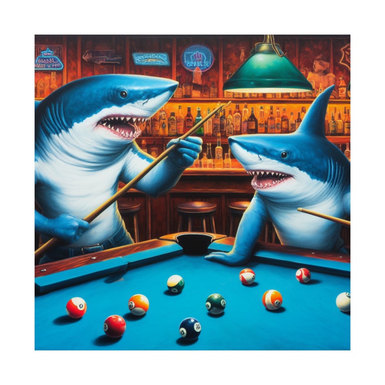 Pool Sharks Poster, Square Eco-friendly Art, Billiard Humor Artwork ...