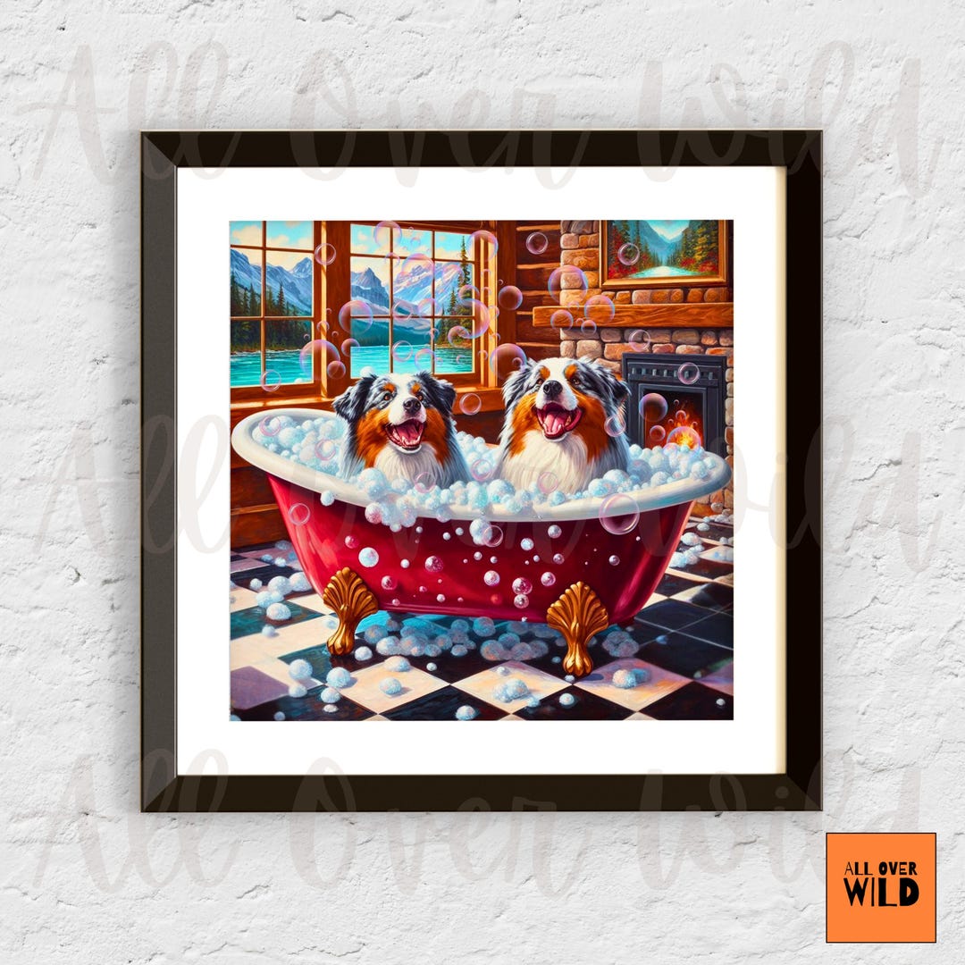 Australian Shepherd Bubble Bath Art Print, Giclée Dog Wall Art ...