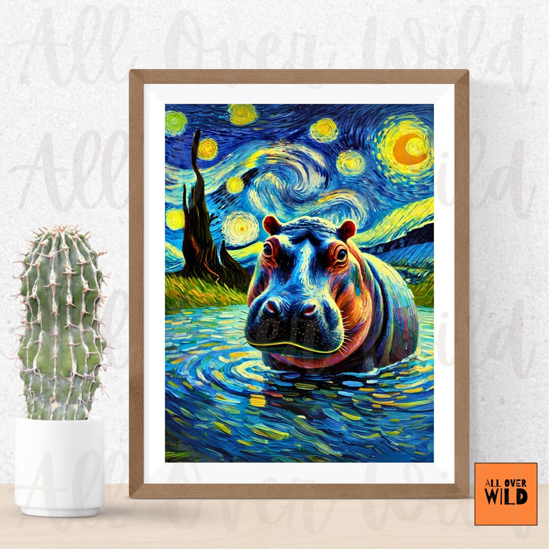 Starry Night Hippo Print, Van Gogh Inspired Wall Art, Whimsical Animal ...