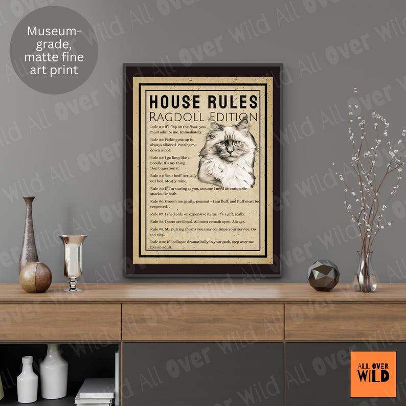 Ragdoll Cat House Rules Art Print, Vintage Cat Wall Decor, Funny ...