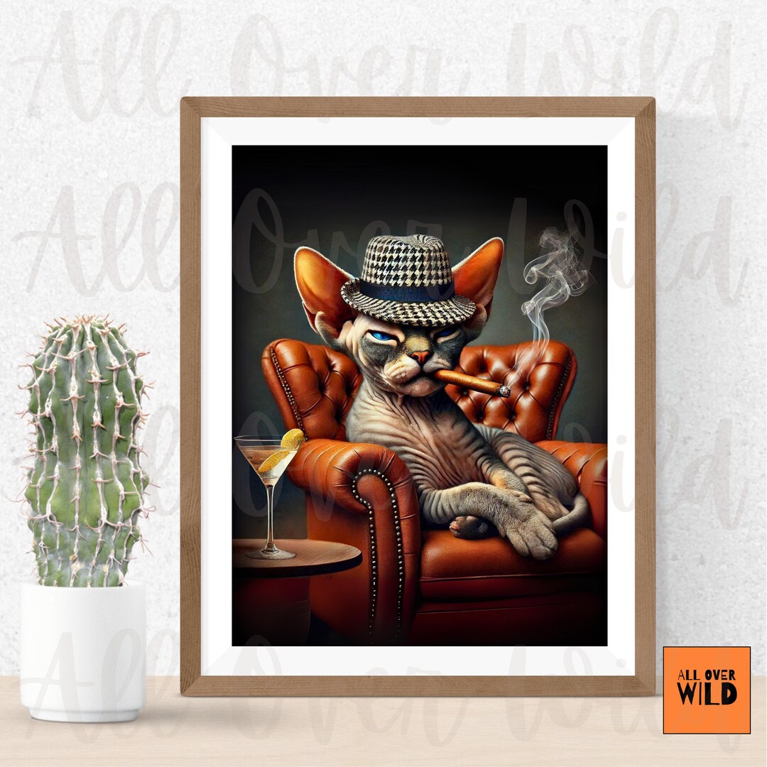 Devon Rex Wall Art, Curly Cat Martini Print, Pixie Cat Poster, Cigar ...