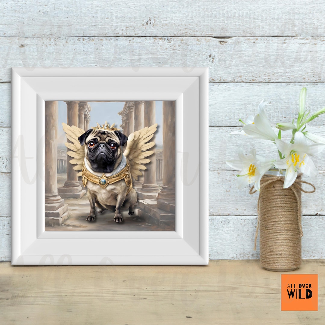 Pug With Wings Poster, Funny Flying Pug Wall Art, Cute Greek Dog Print ...