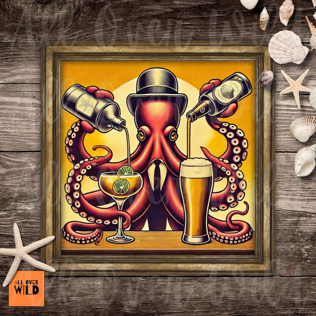 Octopus Bartender Poster, Vintage Cocktail Wall Art, Nautical Bar Decor ...