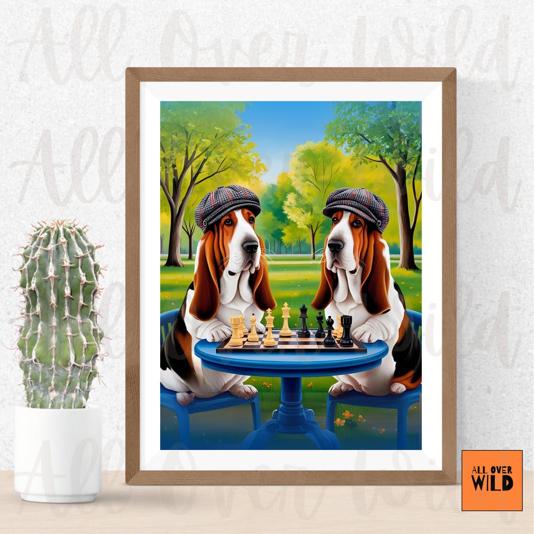 Basset Hounds Chess Game Art Print, Basset Dog Wall Decor, Whimsical ...