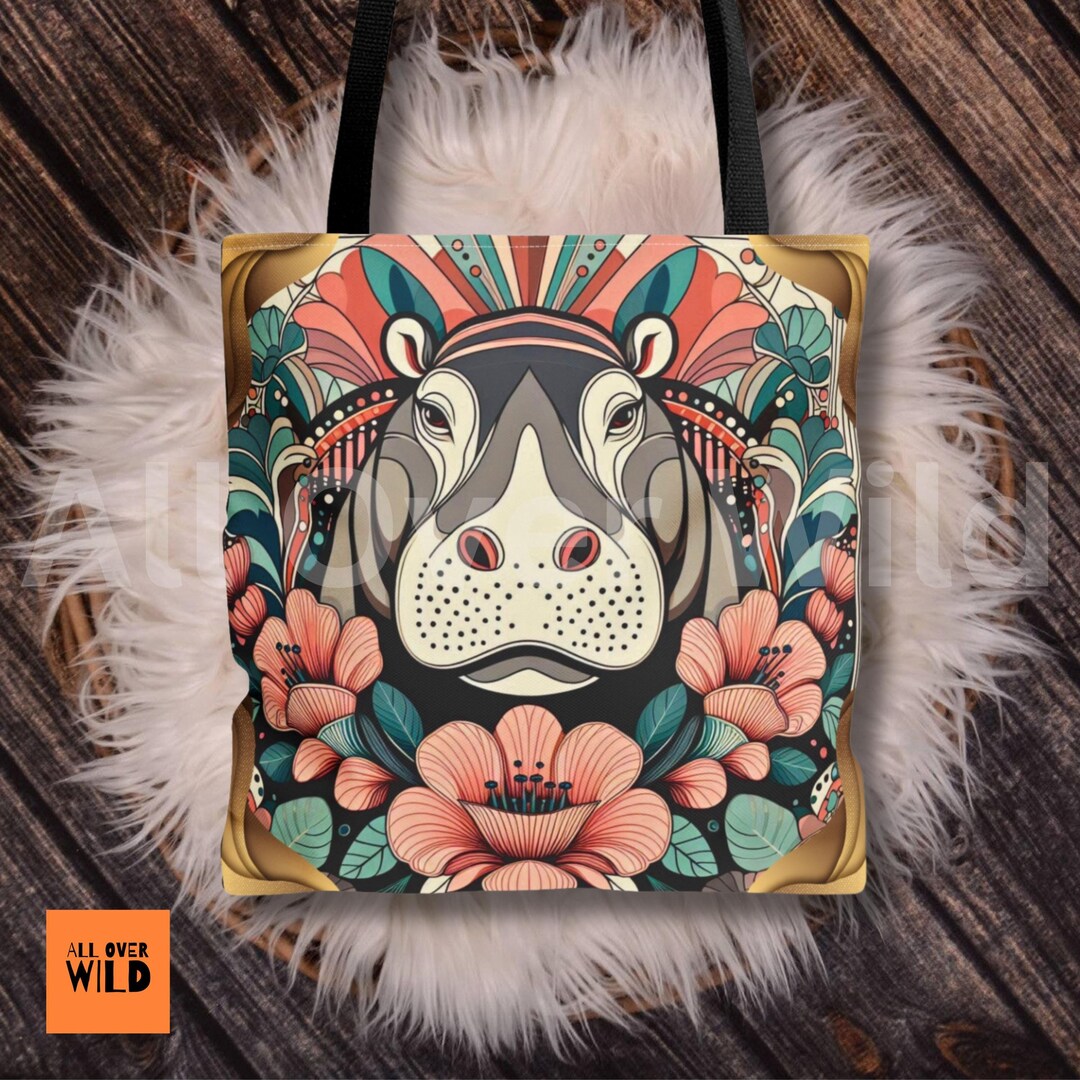 Hippo Tote Bag, Art Deco Hippopotamus Canvas Bag, Bold Safari Animal ...