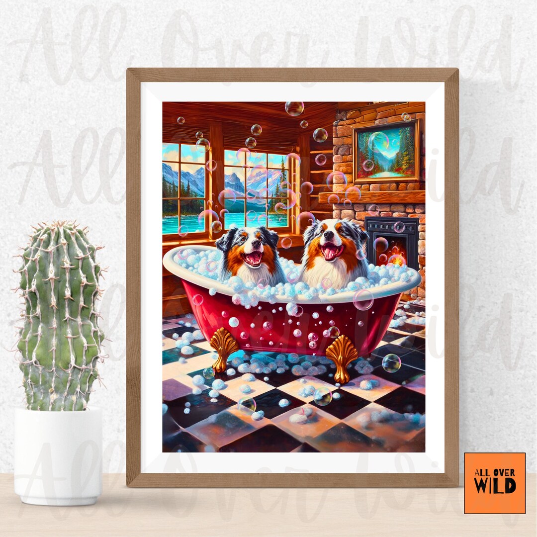 Australian Shepherd Bubble Bath Print, Aussie Bathroom Wall Art ...