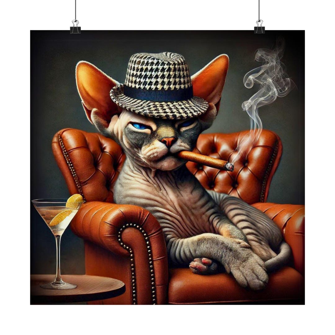 Devon Rex Cigar Poster, Quirky Cat Wall Art, Sophisticated Sphynx Print ...