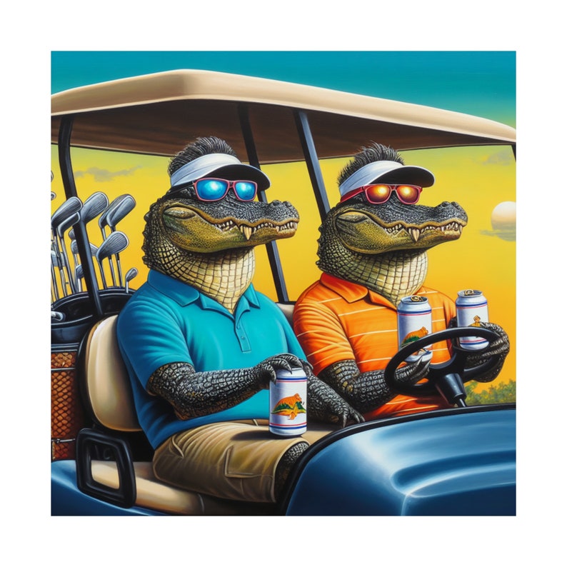 Golfing Gators Poster, Square Eco-friendly Art, Golf Humor Artwork ...