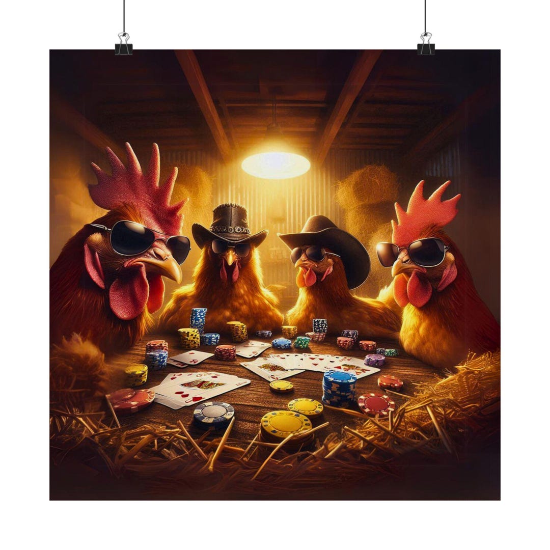 Roosters Playing Poker Poster, Chicken Poker Print, Funny Fowl Art ...