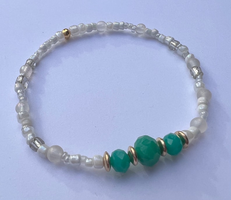 Trendy Beaded Bracelet White & Crystal Glass Green Gem - Etsy