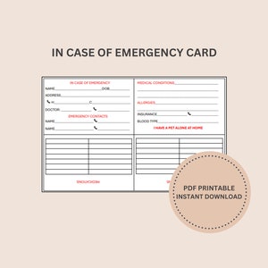 In Case of Emergency ID Card, Medical Alert Card With Medications ...